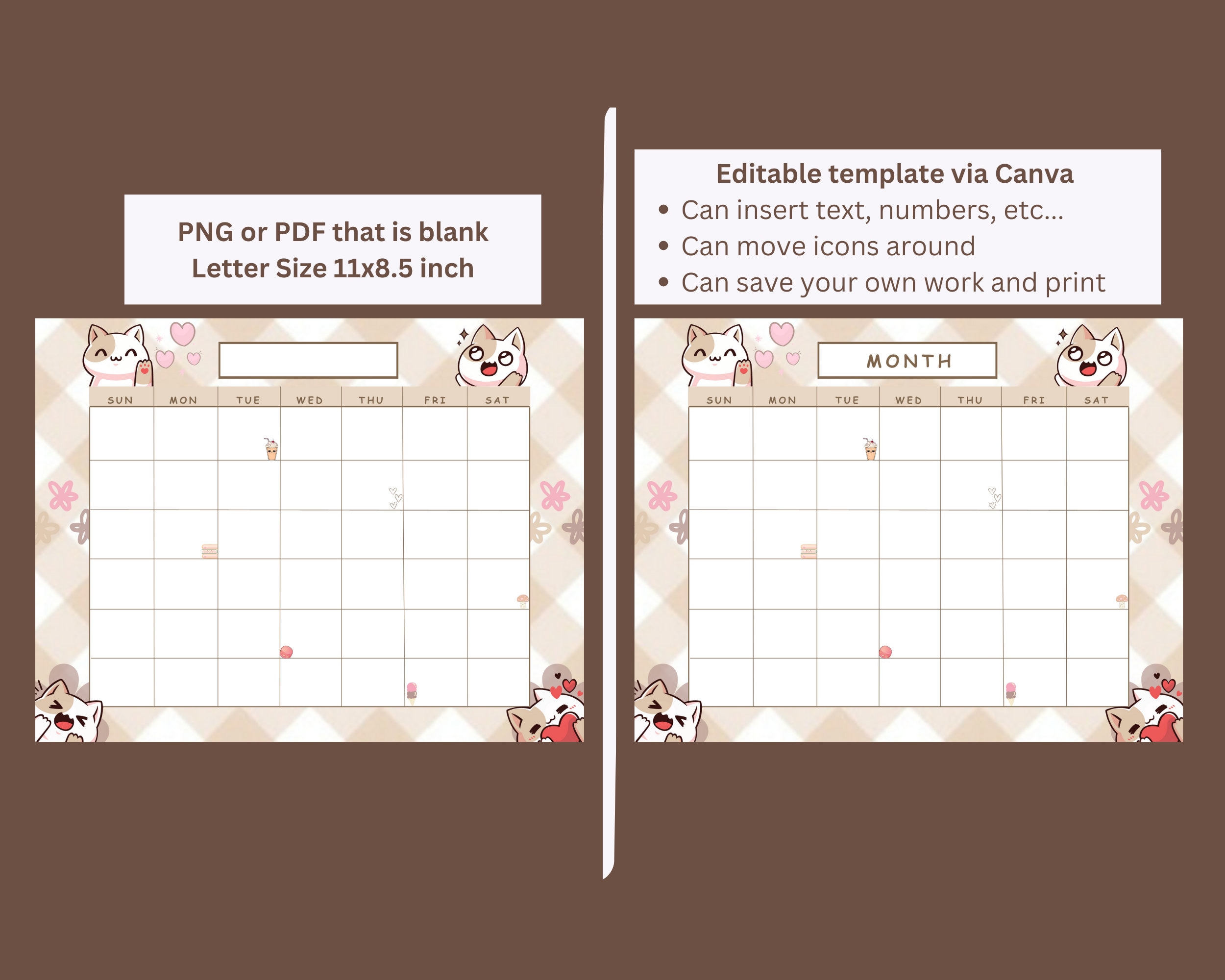 Editable Cute Kawaii Undated Calendar, Printable, Digital - Etsy