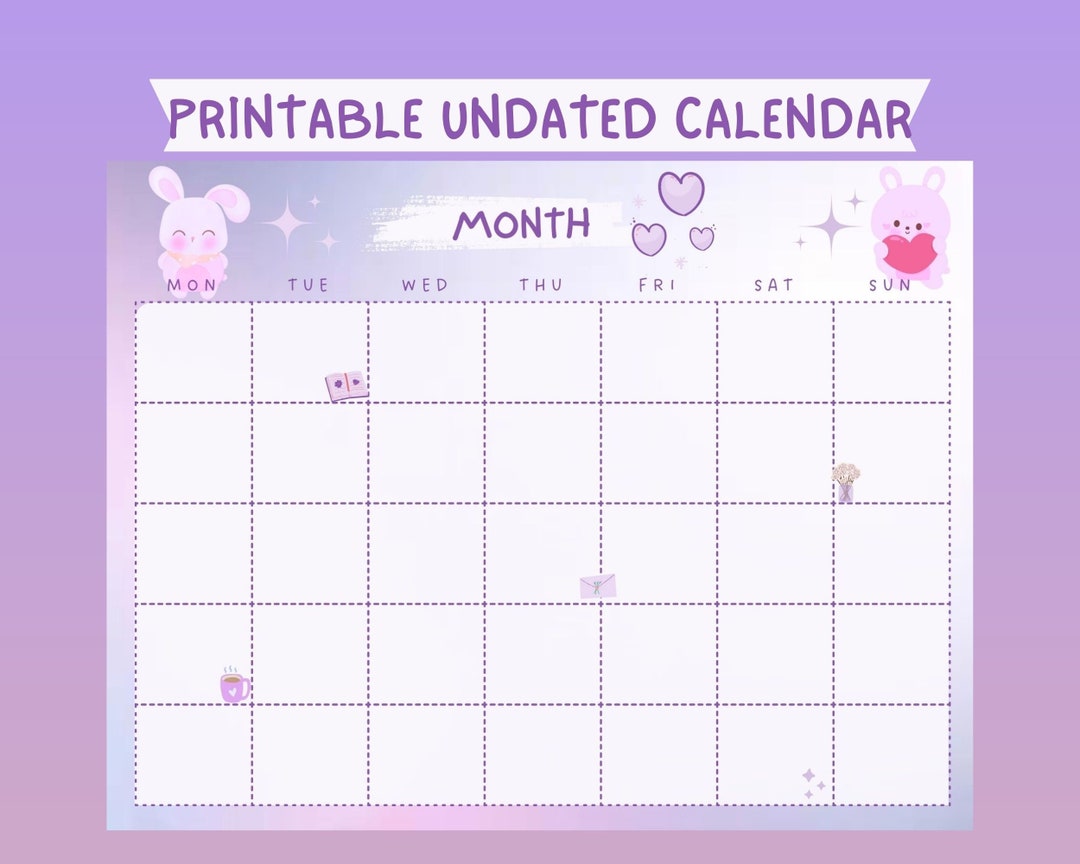 Cute Purple Undated Calendar, Digital and Editable Template, Printable ...
