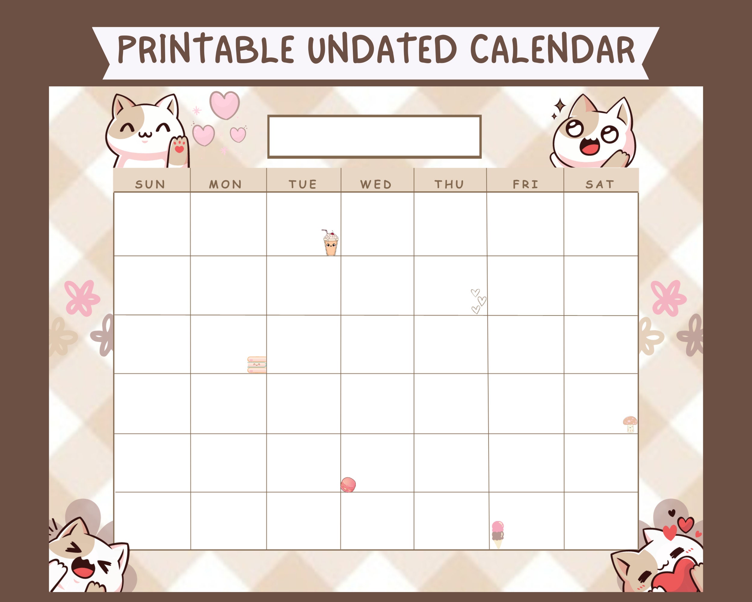 Editable Cute Kawaii Undated Calendar, Printable, Digital - Etsy
