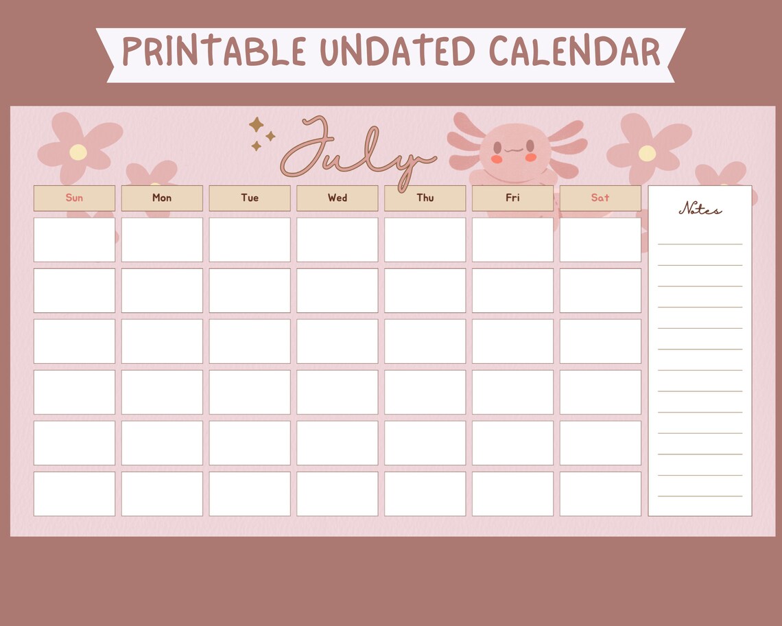 Digital Editable Cute Undated Calendar, Printable PDF - Etsy