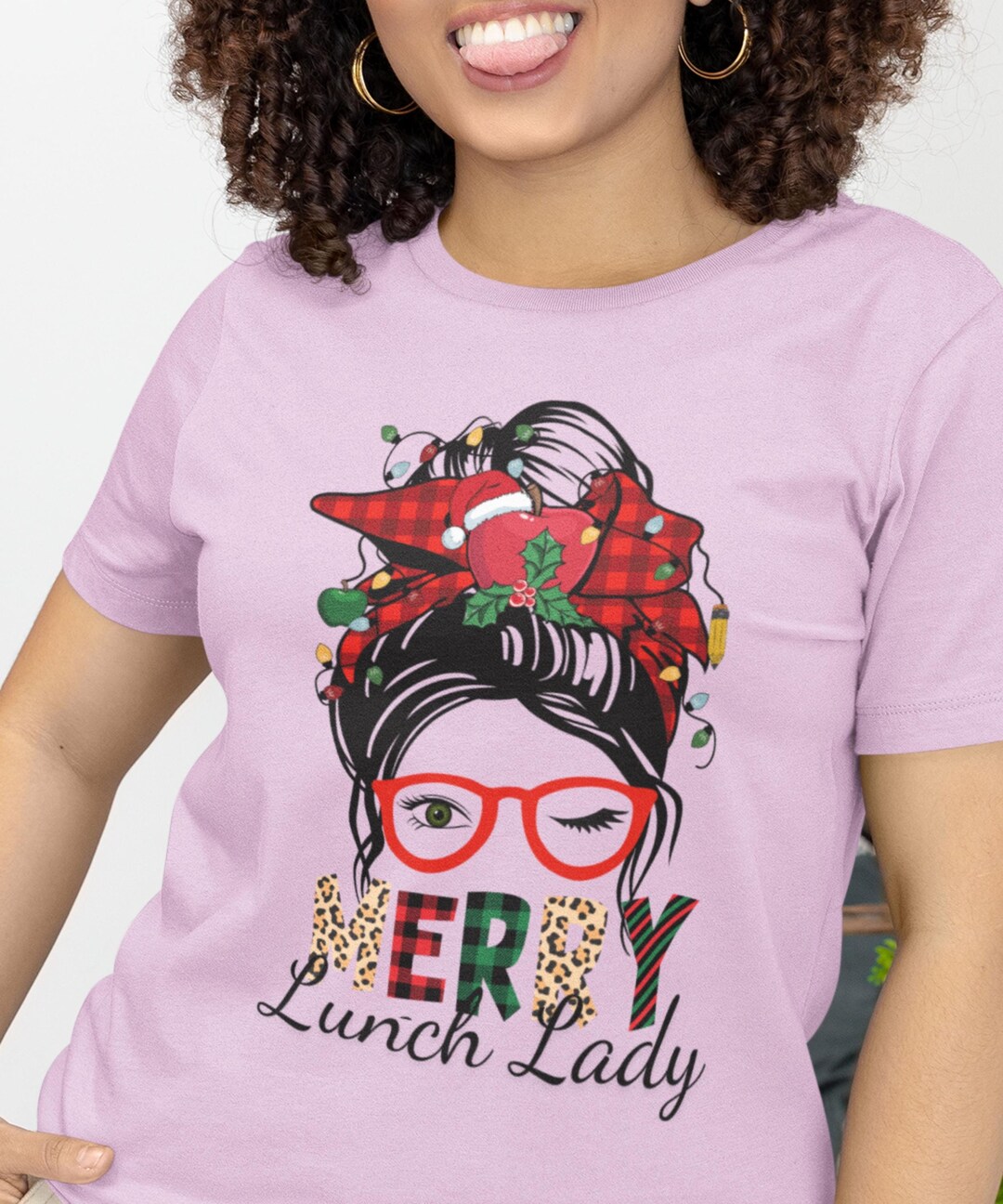 Merry Lunch Lady Christmas Messy Bun T-shirt, Holiday Lunch Crew Shirt ...