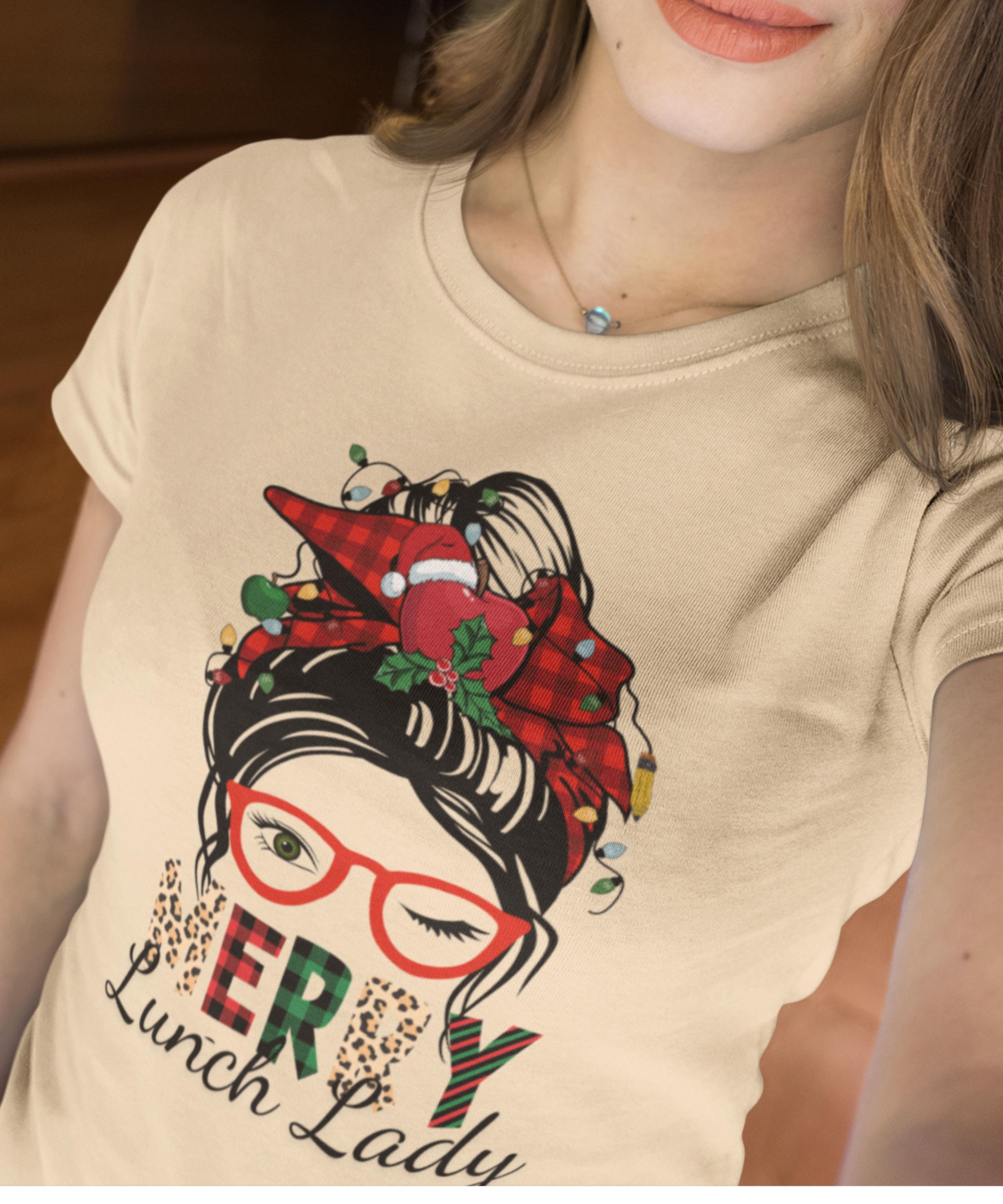 Merry Lunch Lady Christmas Messy Bun T-shirt, Holiday Lunch Crew Shirt ...
