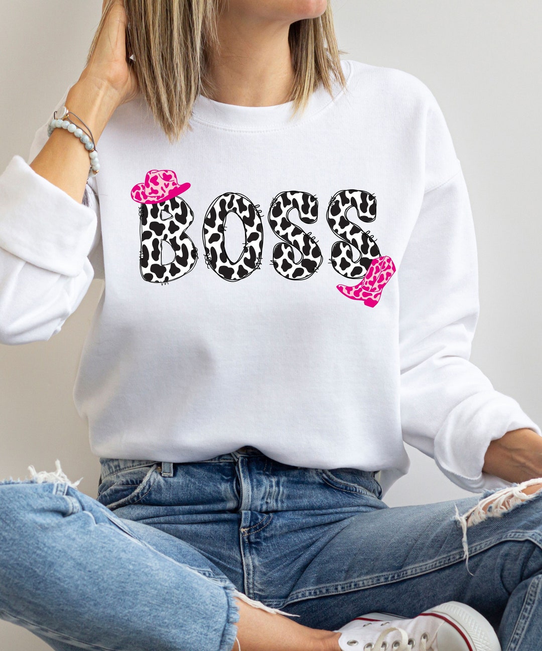 Western Boss Sweatshirt: Cow Print, Cowboy Hat, Boss Day Gift - Etsy