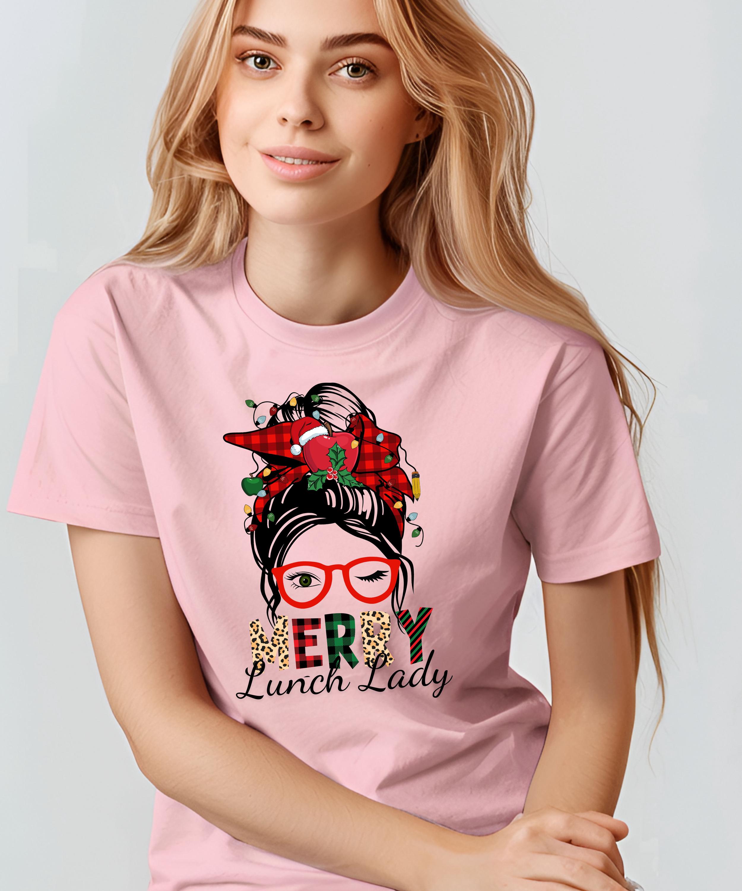 Merry Lunch Lady Christmas Messy Bun T-shirt, Holiday Lunch Crew Shirt ...