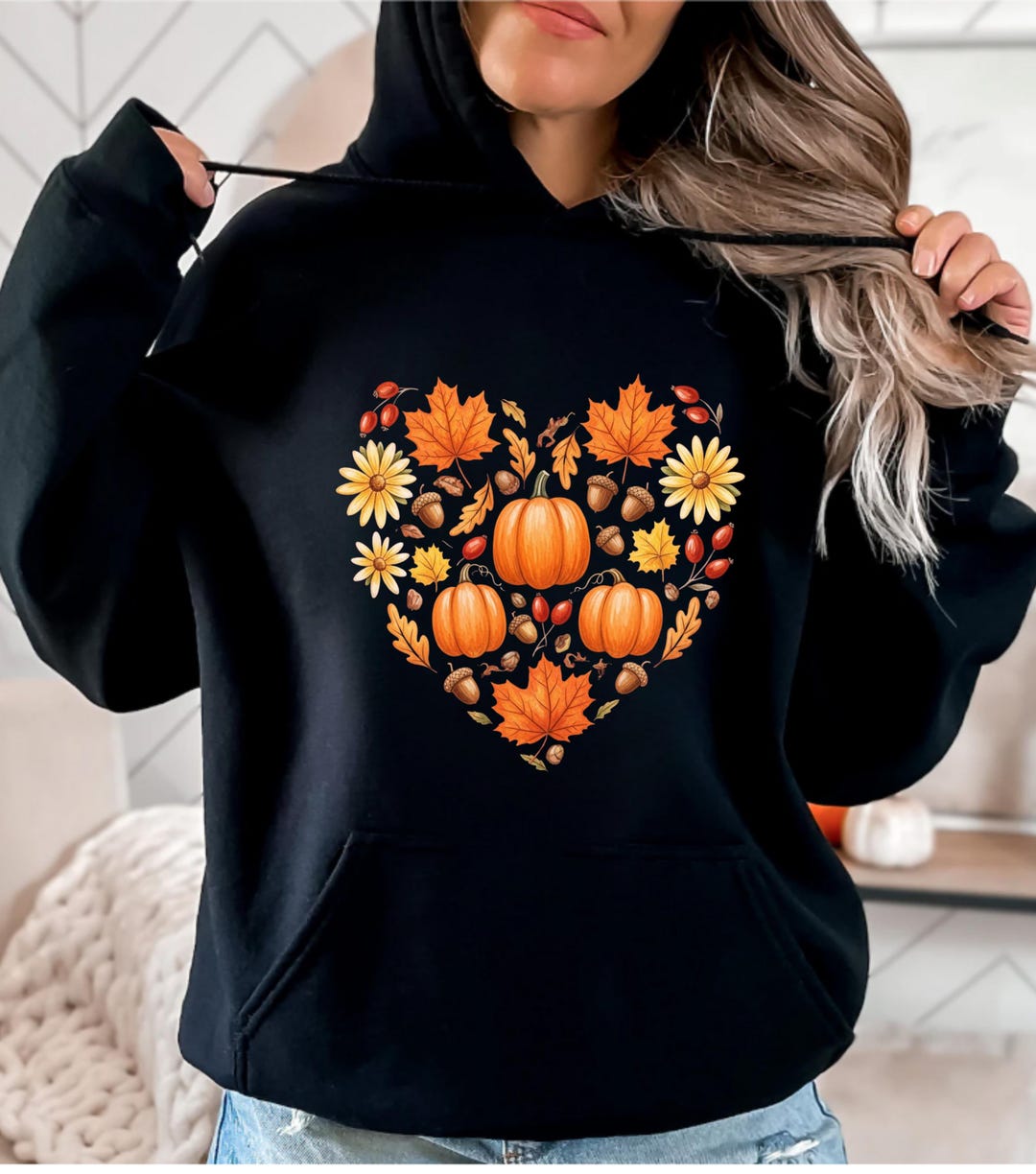 Autumn Leaves Hoodie, Thanksgiving Pumpkin Heart Sweatshirt, Women ...