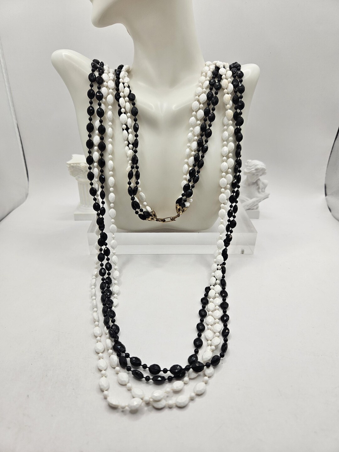 Fabulous Mod Style 1960s Vintage Retro 4 Strand Black and White BEADED ...