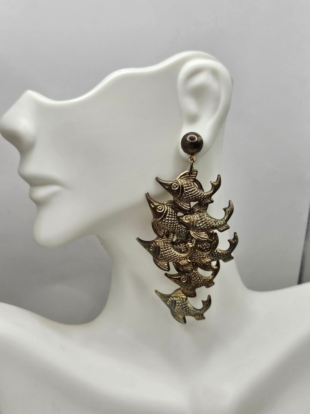 Unique Bohemian Vintage 1970s-1980s Primitive Style Brass Metal SWORDFISH DANGLE EARRINGS Cha ...