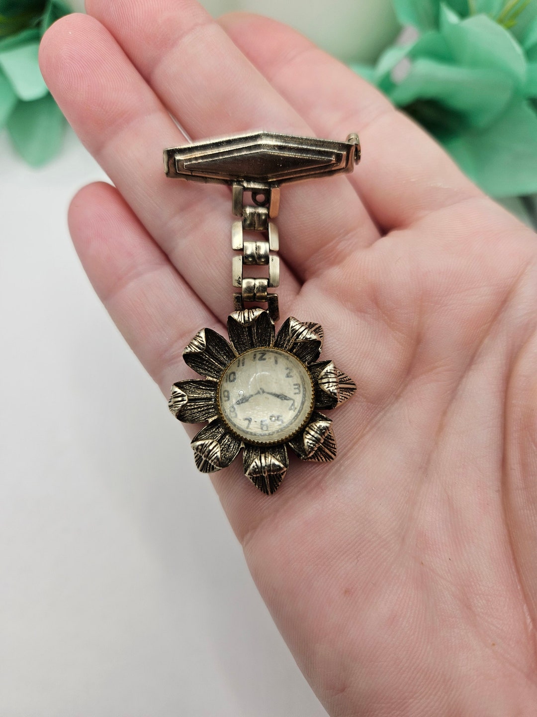 Vintage 1940s-1950s Faux Clock DANGLE FLORAL BROOCH Lotus Flower Pin ...