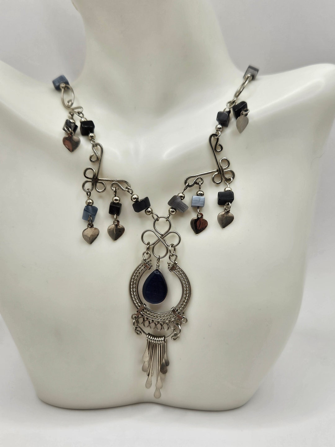 1990s Modern Bohemian Vintage Silver Blue moonstone Glass BEADED FRINGE ...