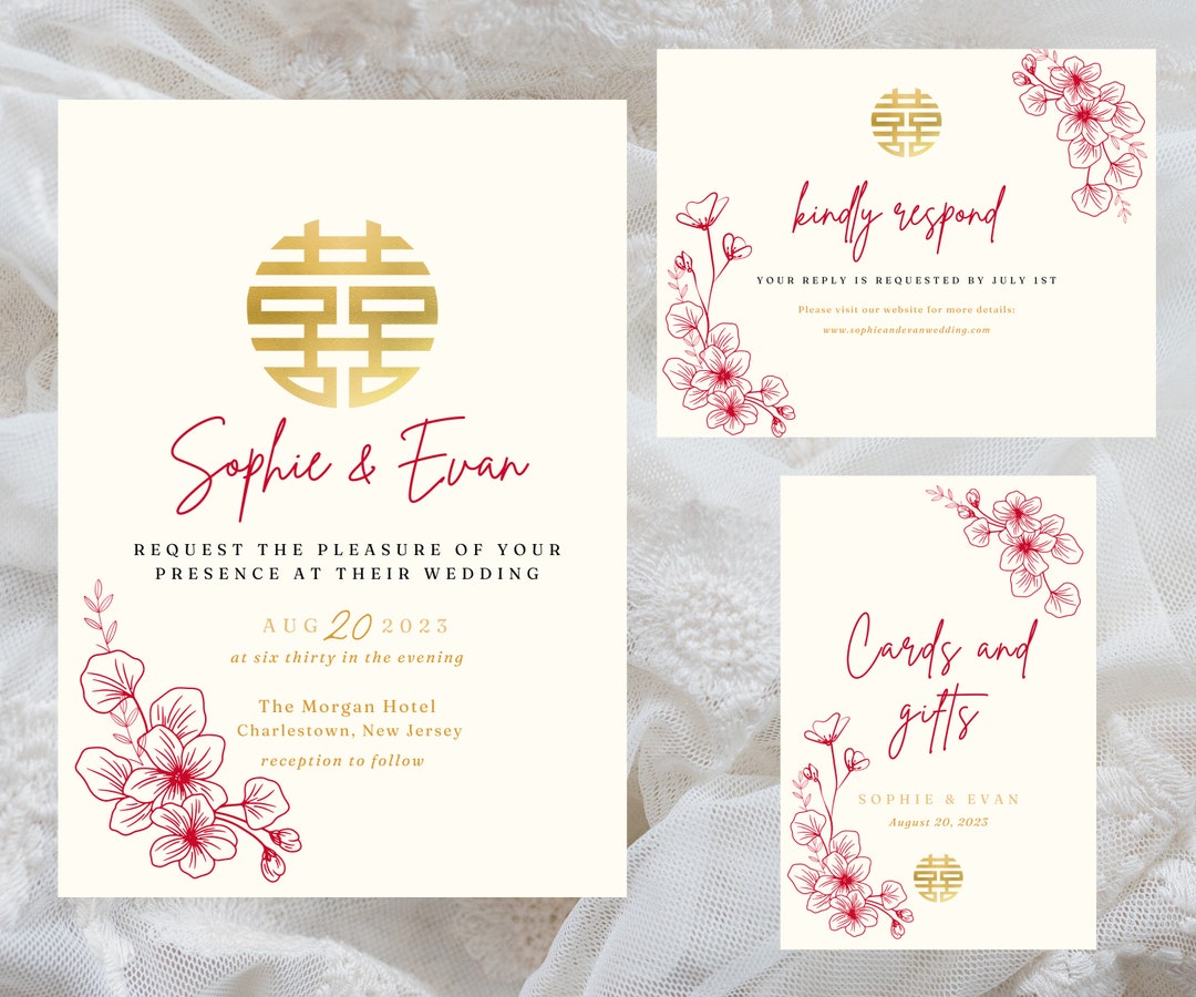 Chinese Wedding Invitation Template Pack, Red Flowers Double Happiness ...