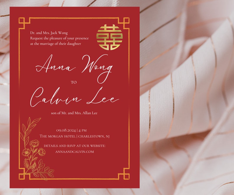 Chinese Wedding Invitation Template, Double Happiness and Peony ...