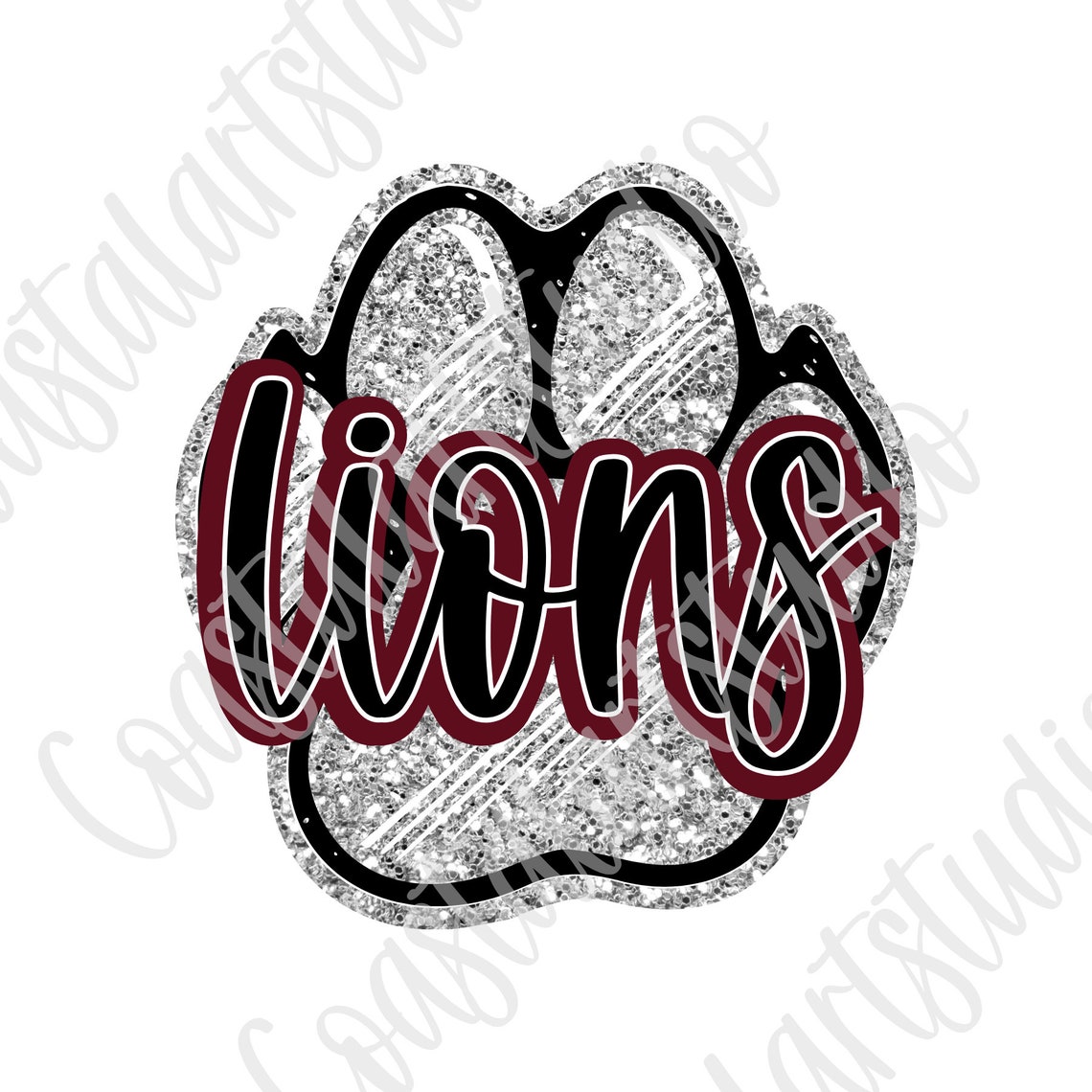 Lions PNG Maroon Silver Team Mascot Sublimation Design, Paw Print Faux ...