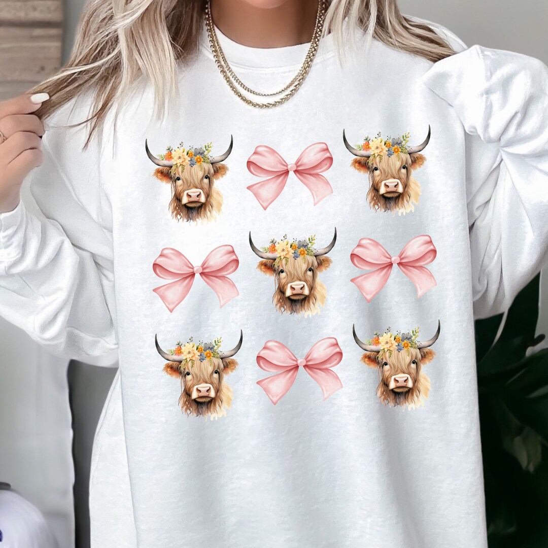 Coquette Highland Cow PNG Trendy Pink Bow Cottagecore Graphic Digital ...