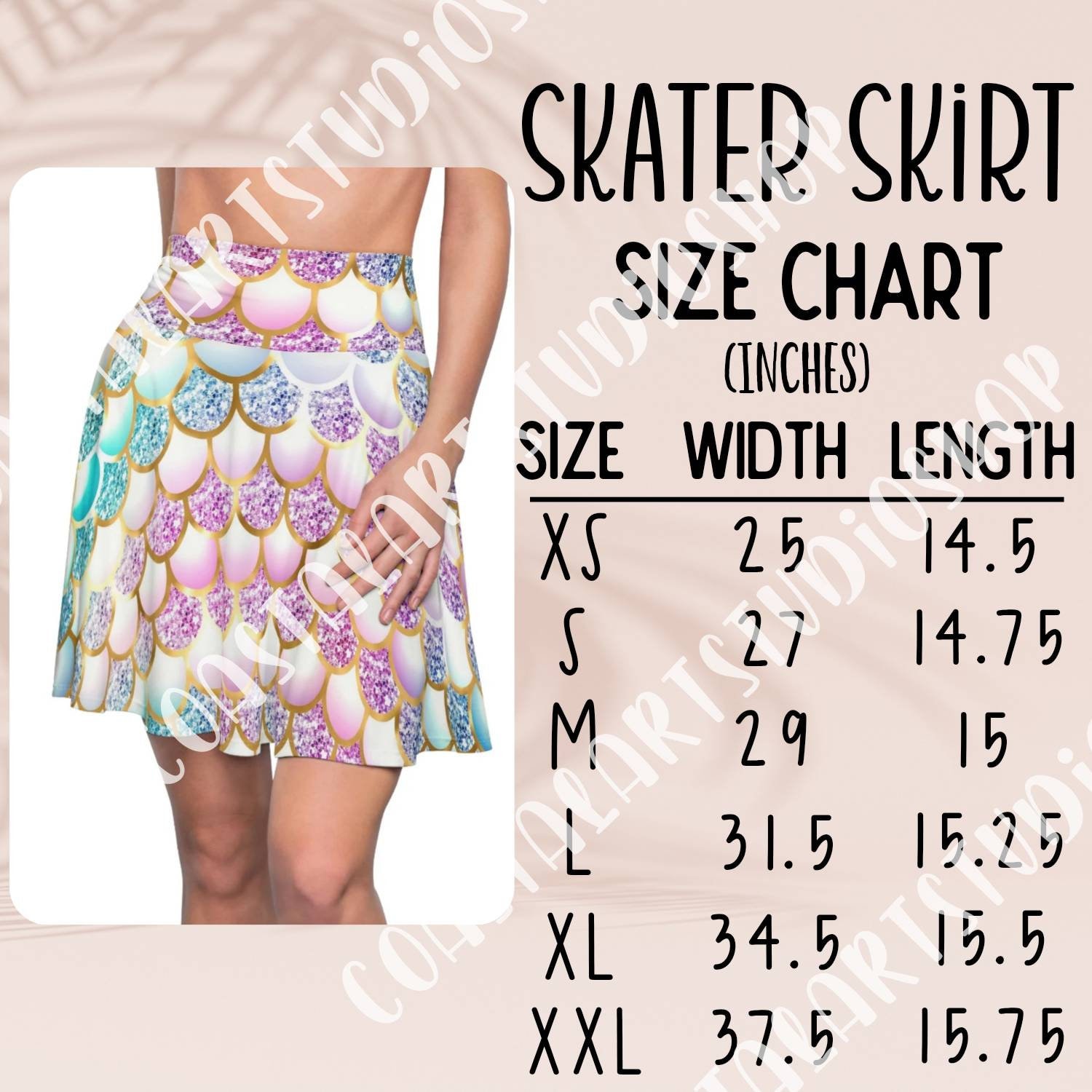 Skater Skirt Size Chart, Printify Skirt Mockup Size Chart, Skater Skirt ...