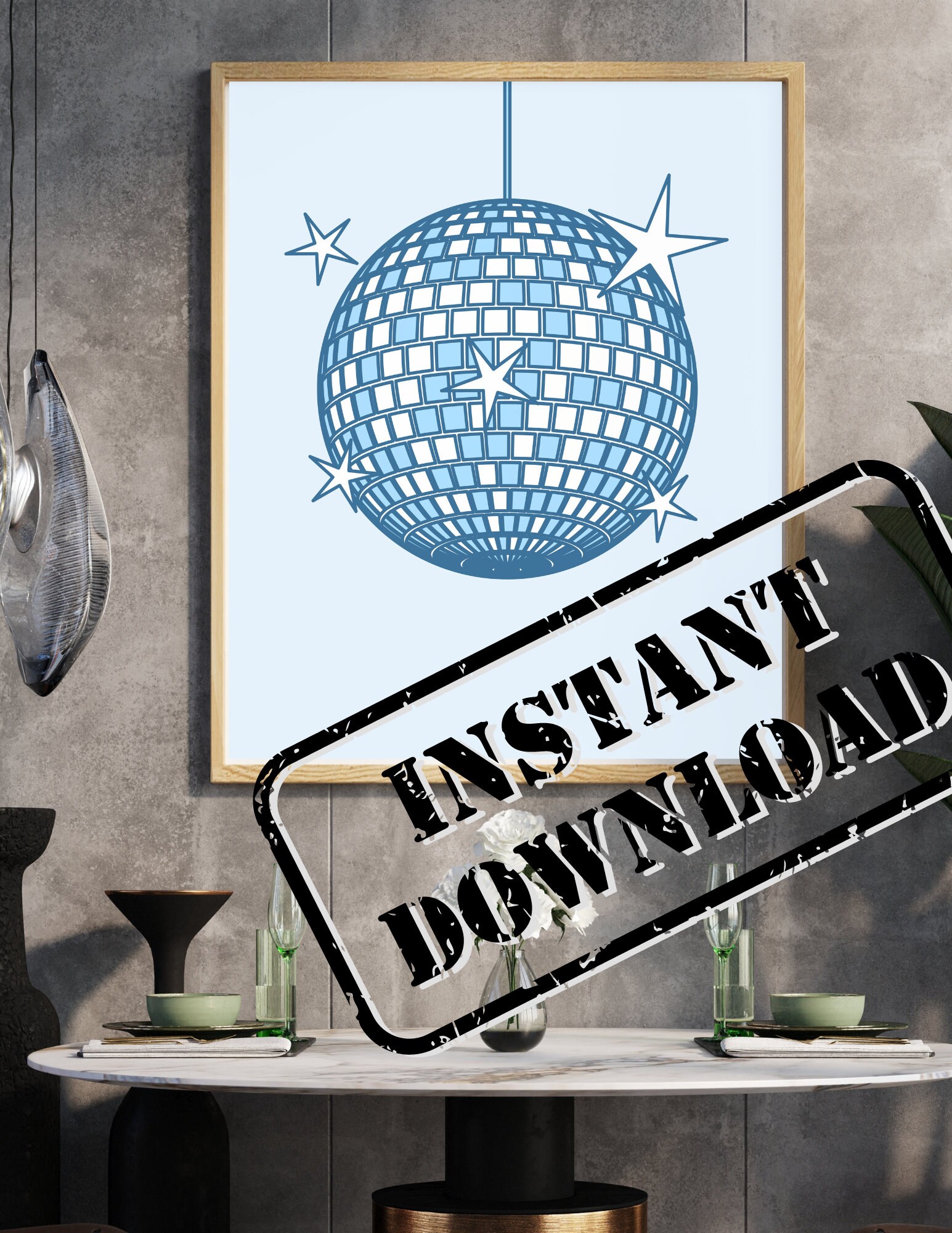 Light Blue Disco Ball Digital Wall Art College Dorm Room Decor Preppy ...