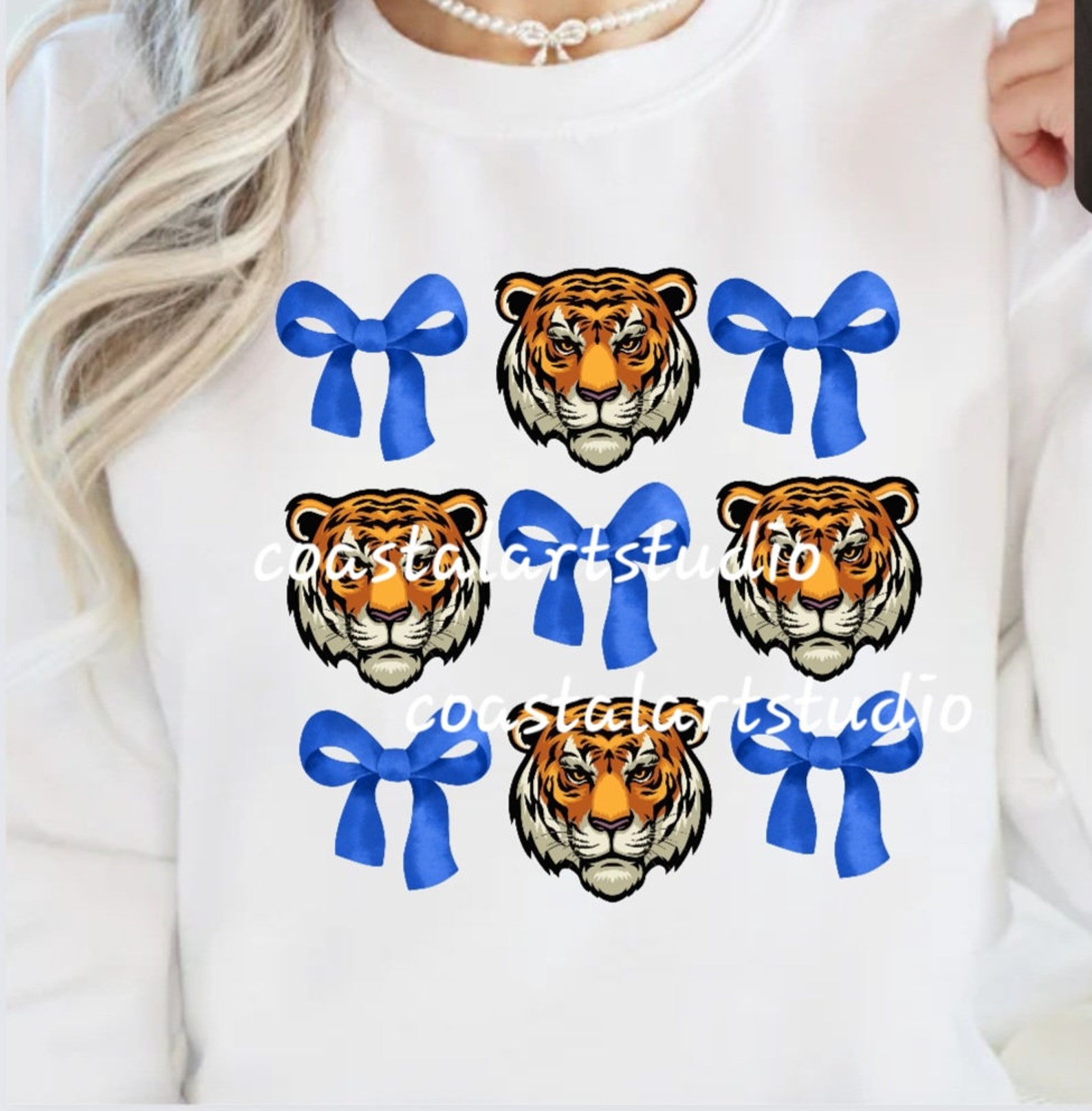 Tiger Blue Bow Coquette Png Sports Mascot Sublimation Design Preppy ...