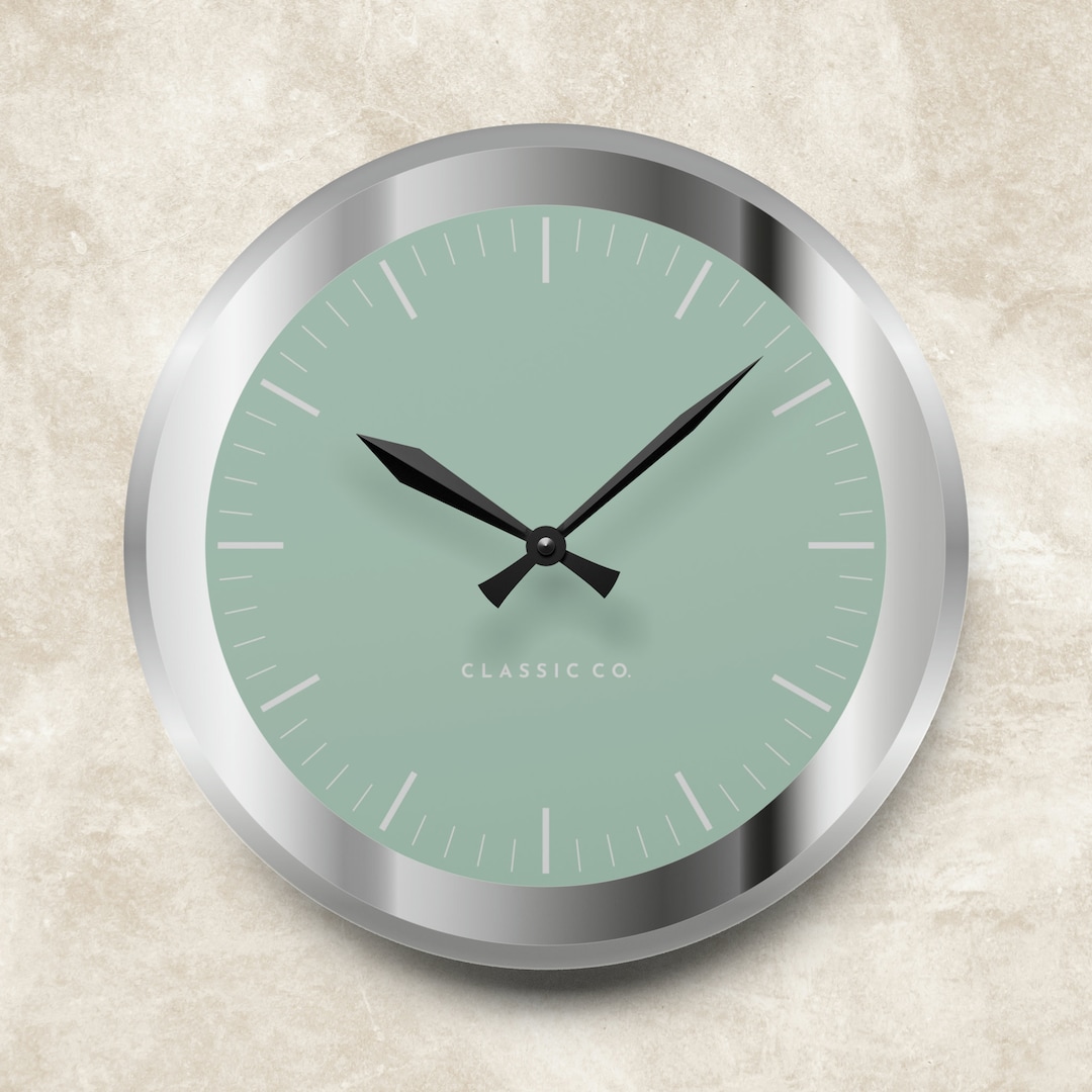 Aesthetic Silver and Sage Green Wall Clock, Retro Style, Modern Clock ...