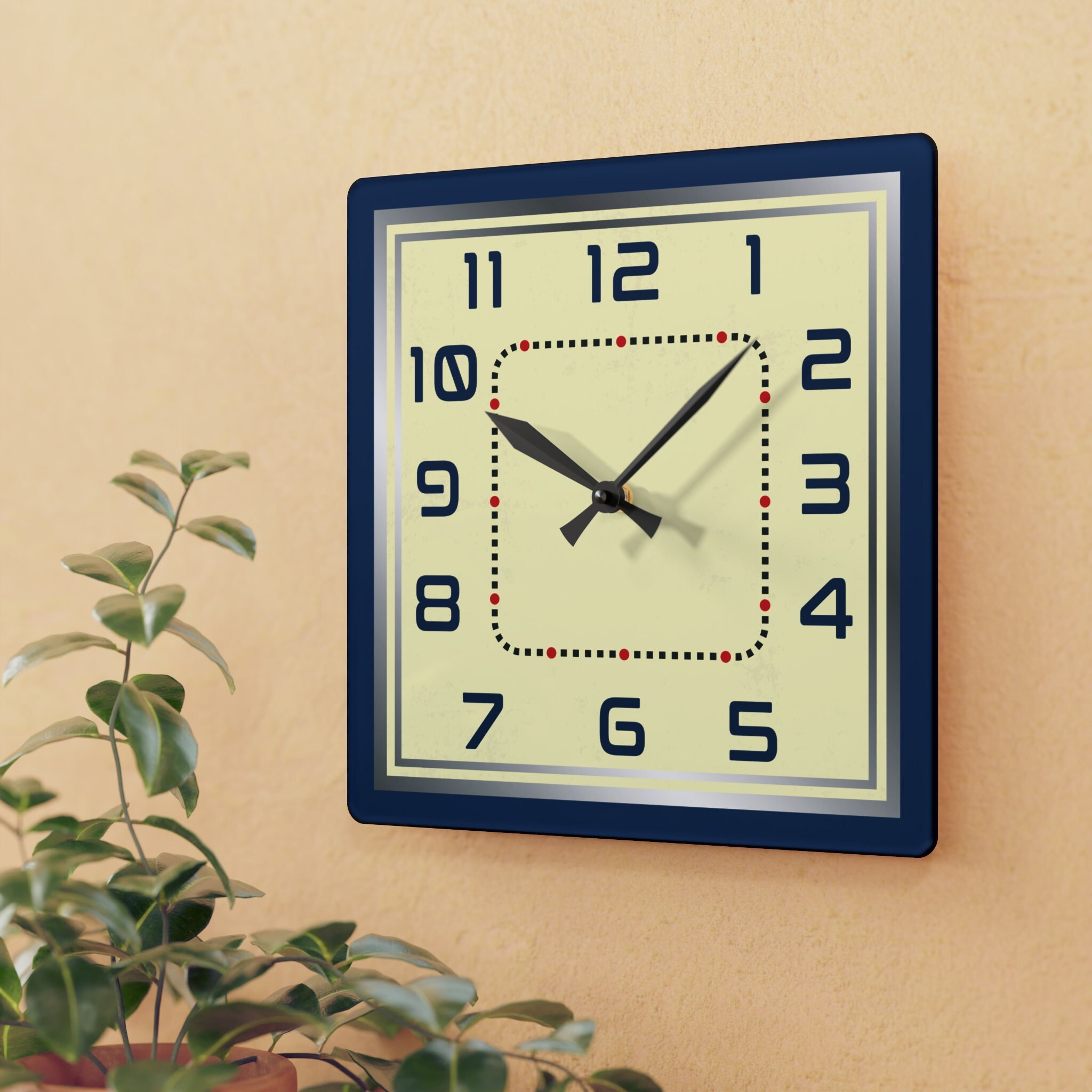 Navy Blue Art Deco Wall Clock, Vintage Look, Retro, Aesthetic, Square ...