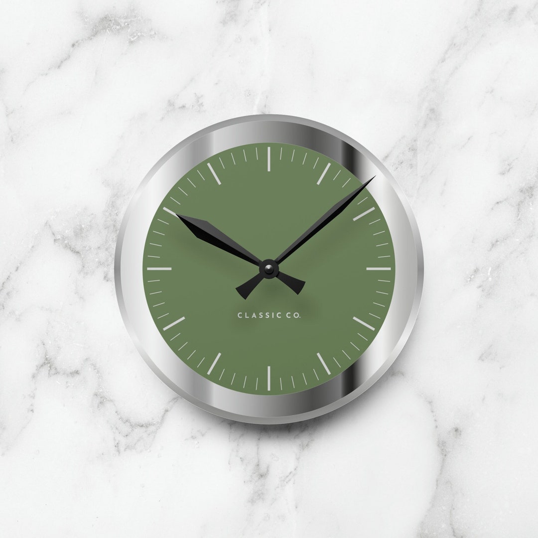 Dark Sage Green and Silver Wall Clock, Modern Clock, Unique, Home Decor ...
