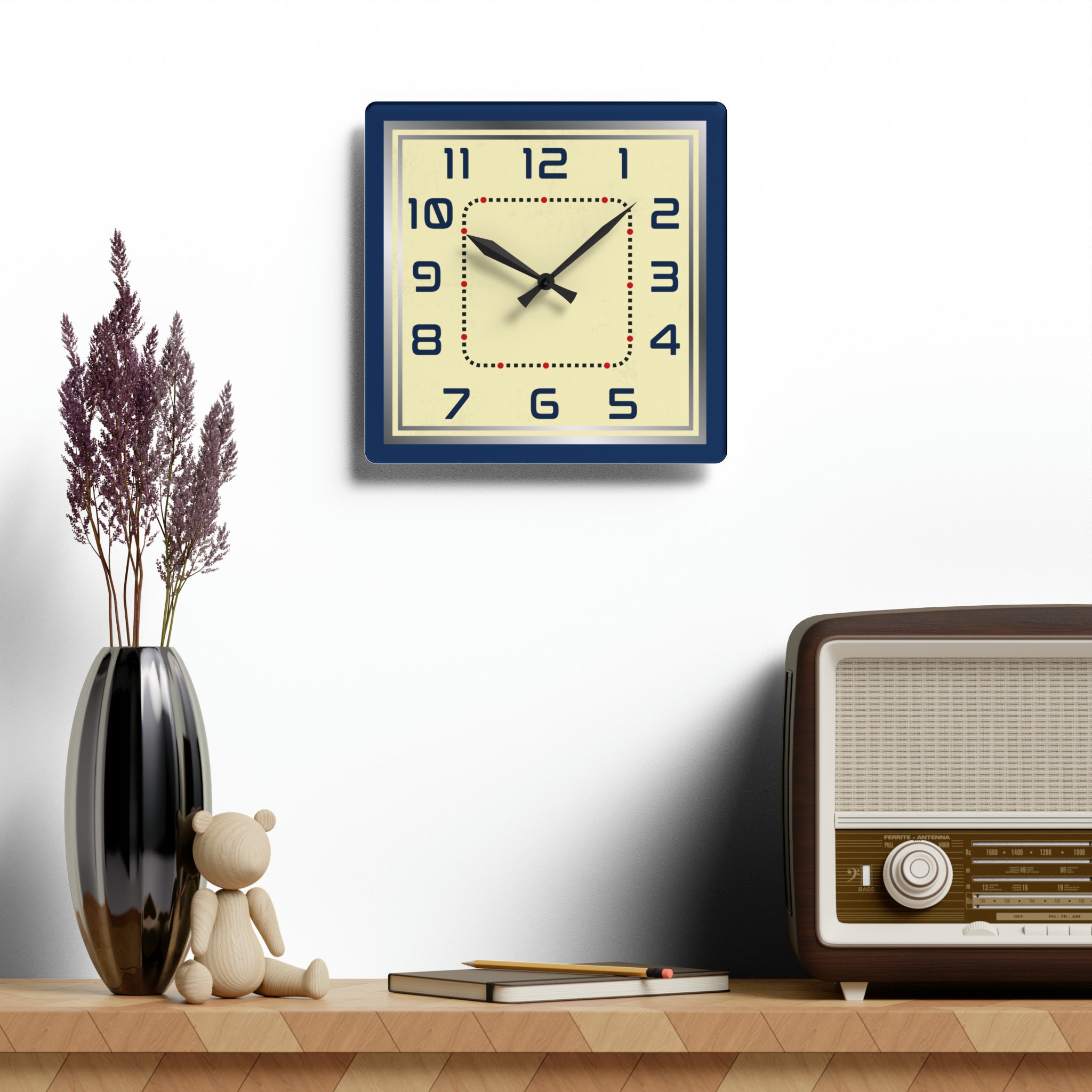 Navy Blue Art Deco Wall Clock, Vintage Look, Retro, Aesthetic, Square ...