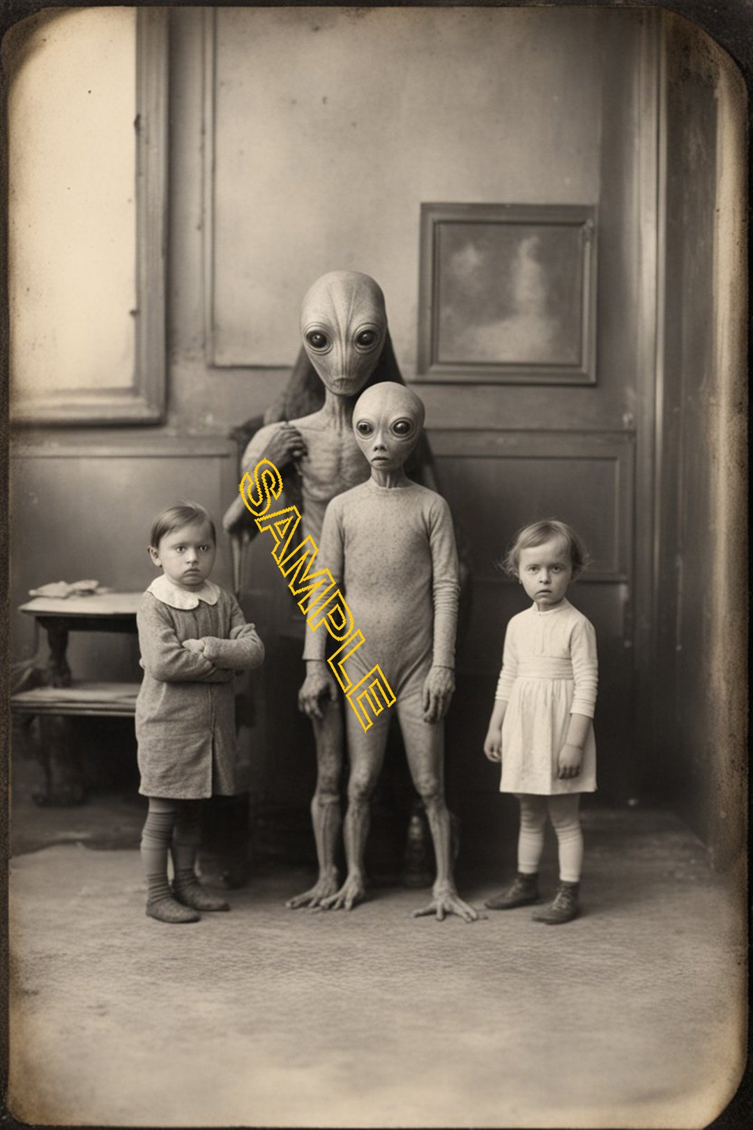 Vintage Alien Family Scary, Unique Reproduction Sepia Photo Print No ...