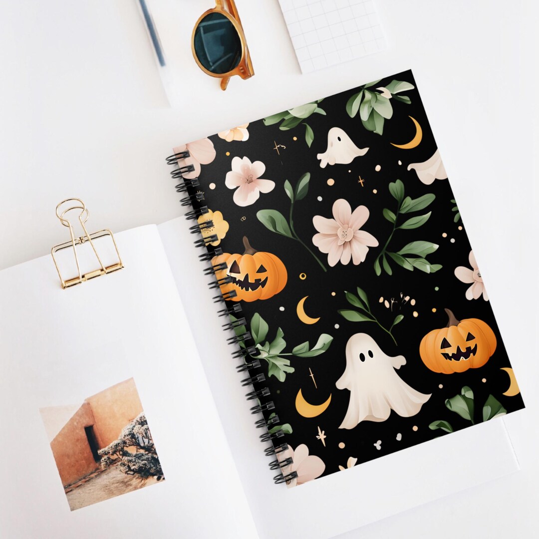 Spooky Floral Spiral Notebook, Halloween Notebook, Ghost and Pumpkin ...