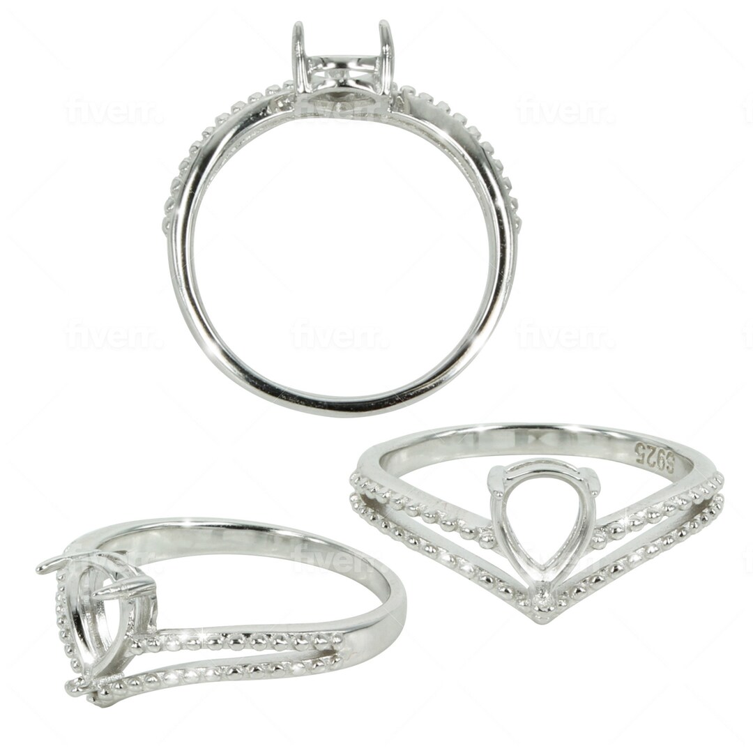 Pear V Ring Setting With Pear Prongs Mounting in Sterling Silver 5x7mm ...