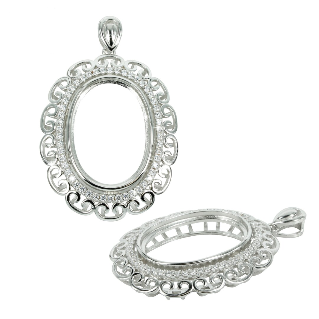 Oval Pendant Setting With Curlicue Border and Cz's Halo and Oval Bezel ...