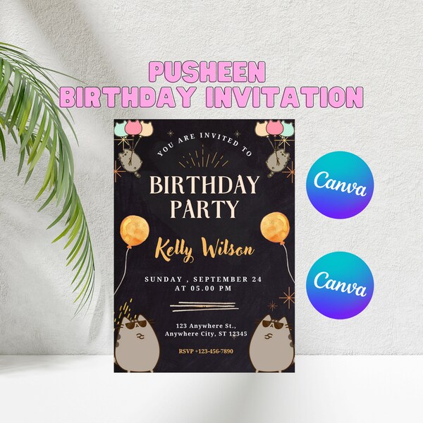 Pusheen Cat Birthday Invitation - Etsy