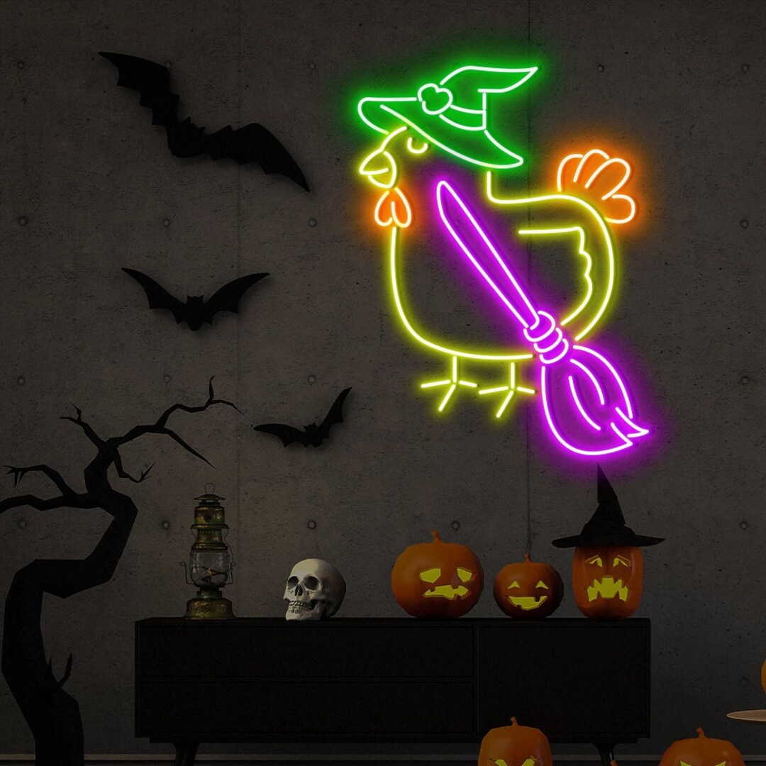 Witch Chicken Neon Signhappy Halloween Signwitchy Hat - Etsy