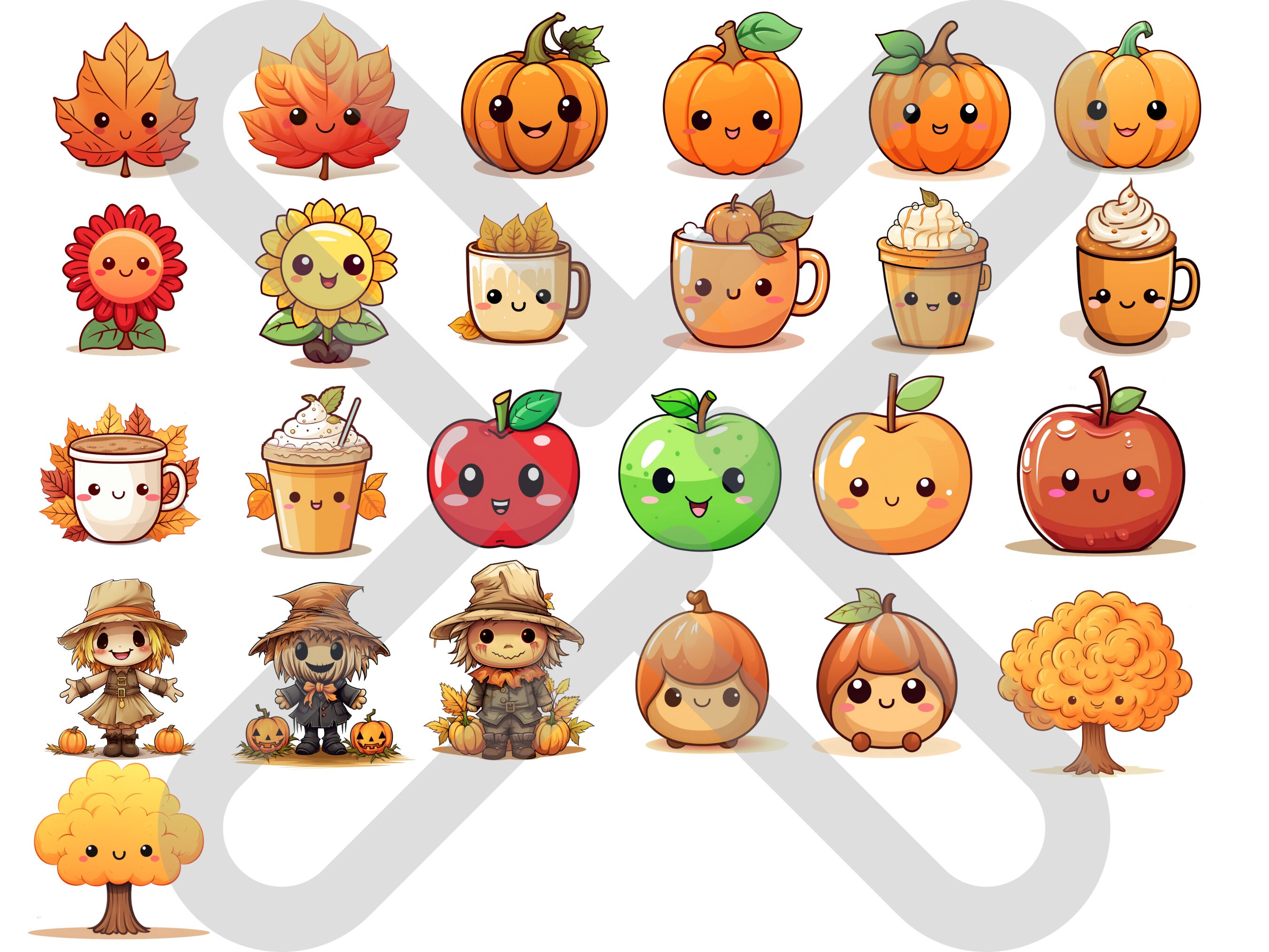 Kawaii Fall Clipart Bundle 25 Pngs Coffee Pumpkin Autumn Trees