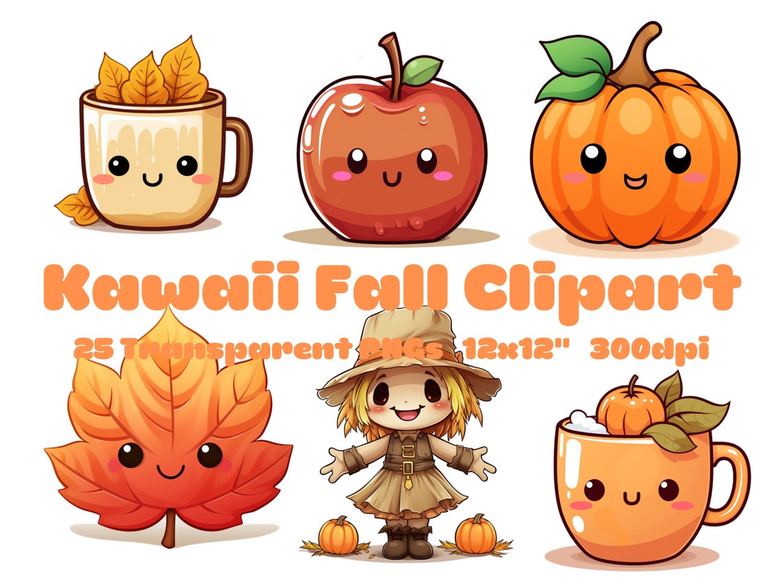 Kawaii Fall Clipart Bundle 25 Pngs Coffee Pumpkin Autumn Trees