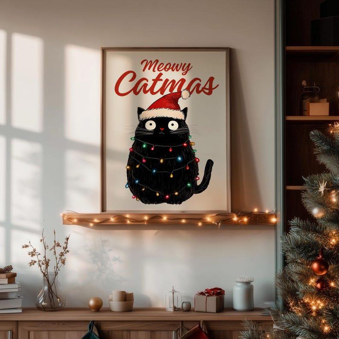 Christmas Black Cat Lights Funny Meowy Catmas Print for Holiday Wall ...