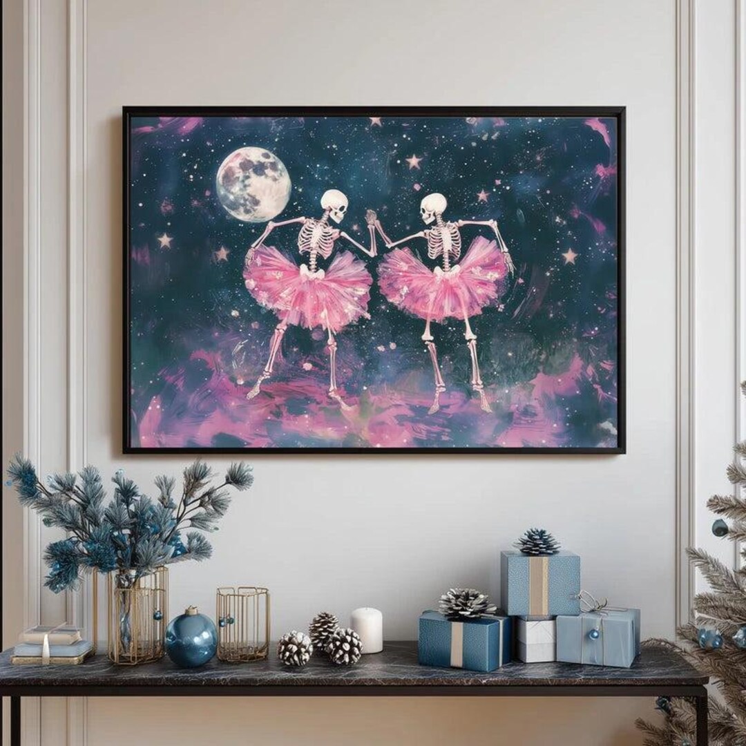 Poster of Two Dancing Skeletons in Pink Tutu Skirts Beneath A Bright ...