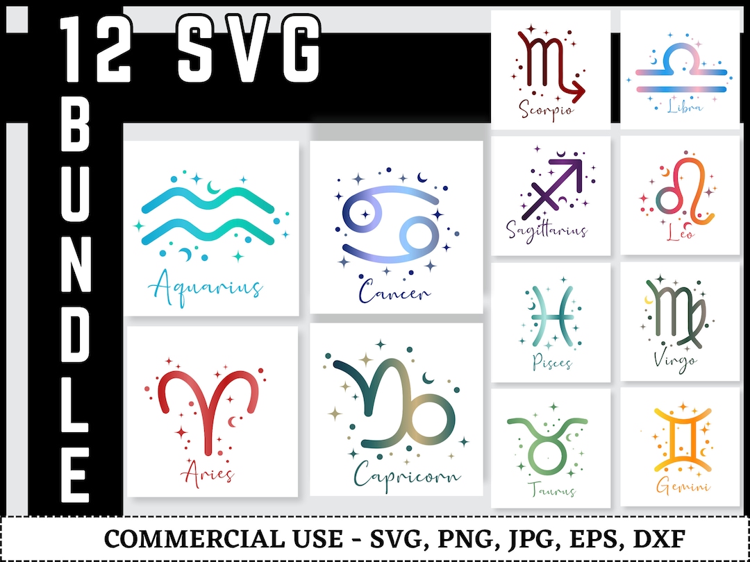 Zodiac Signs Svg Bundle, SVG, EPS, PNG, Bundle, Astrology, Zodiac Sign ...
