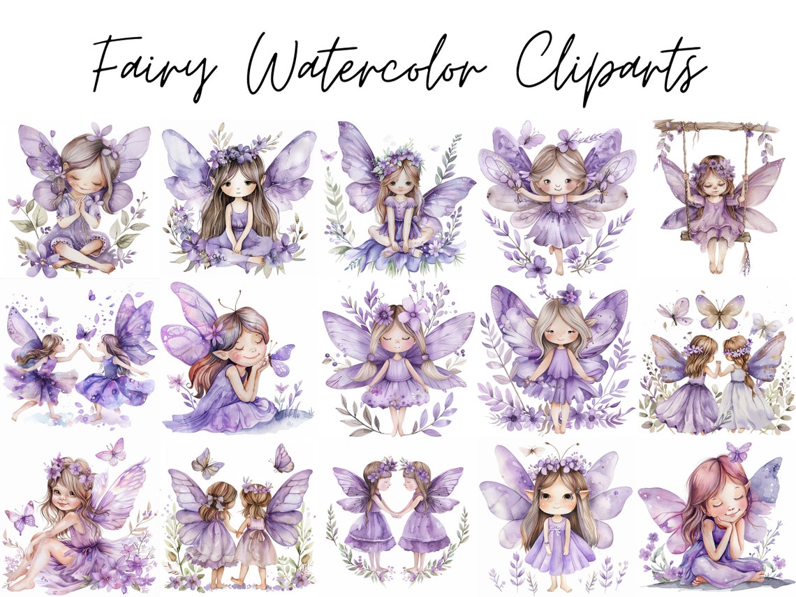 Watercolor Fairies Png Set, Purple Fairy & Butterfly Clip Art, Magical ...