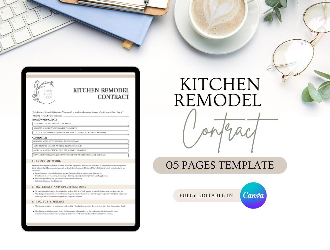 Kitchen Remodel Contract Template, Editable Home Renovation Agreement ...