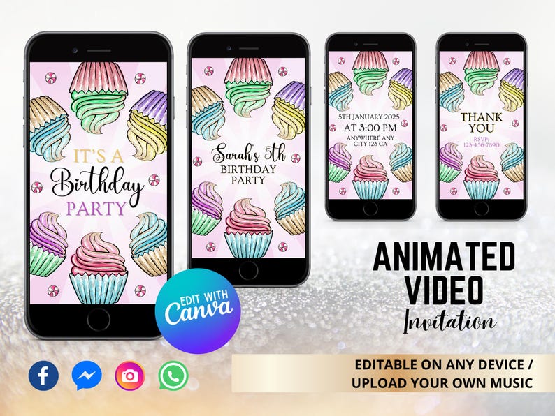 Editable Cupcake Birthday Party Digital Video Invite, Cupcake ...