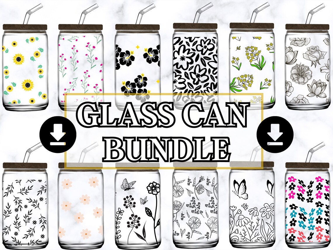 Glass Can Svg Bundle, Glass Can Svg, Coffee Glass Wrap Svg, Floral Wrap ...