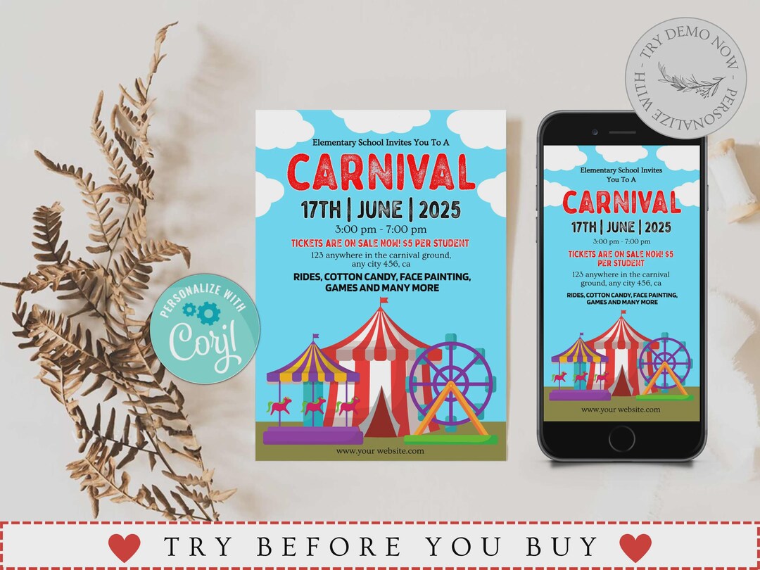 Editable Carnival Flyer Template, Circus Party Invitation, School PTA ...
