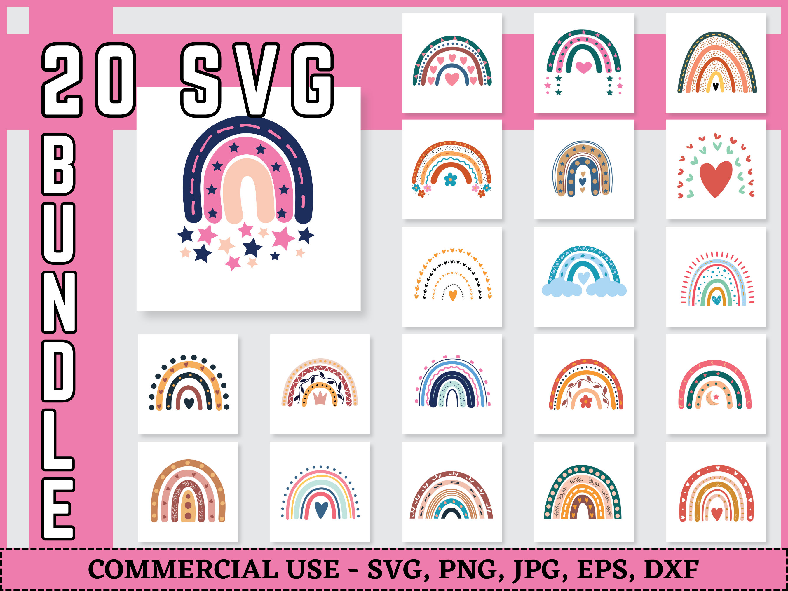 Rainbow Svg, Boho Rainbow Svg, Cute Rainbow Svg, Rainbow Svg Bundle ...