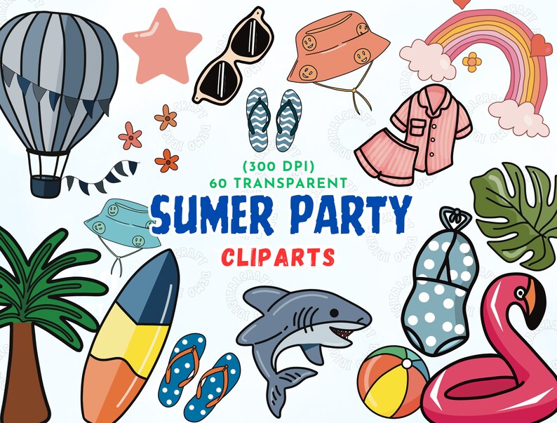 Watercolor Summer Clipart, Sun Beach Ball Flamingo PNG, Seasonal Party ...
