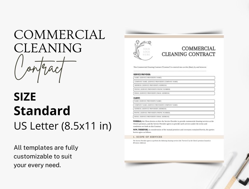 Commercial Cleaning Contract Template, Editable Janitorial Agreement ...