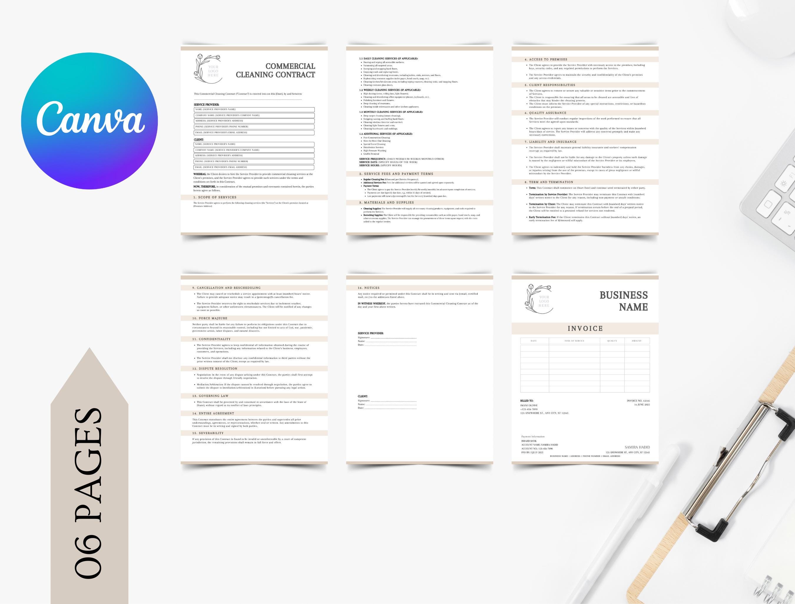 Commercial Cleaning Contract Template, Editable Janitorial Agreement ...