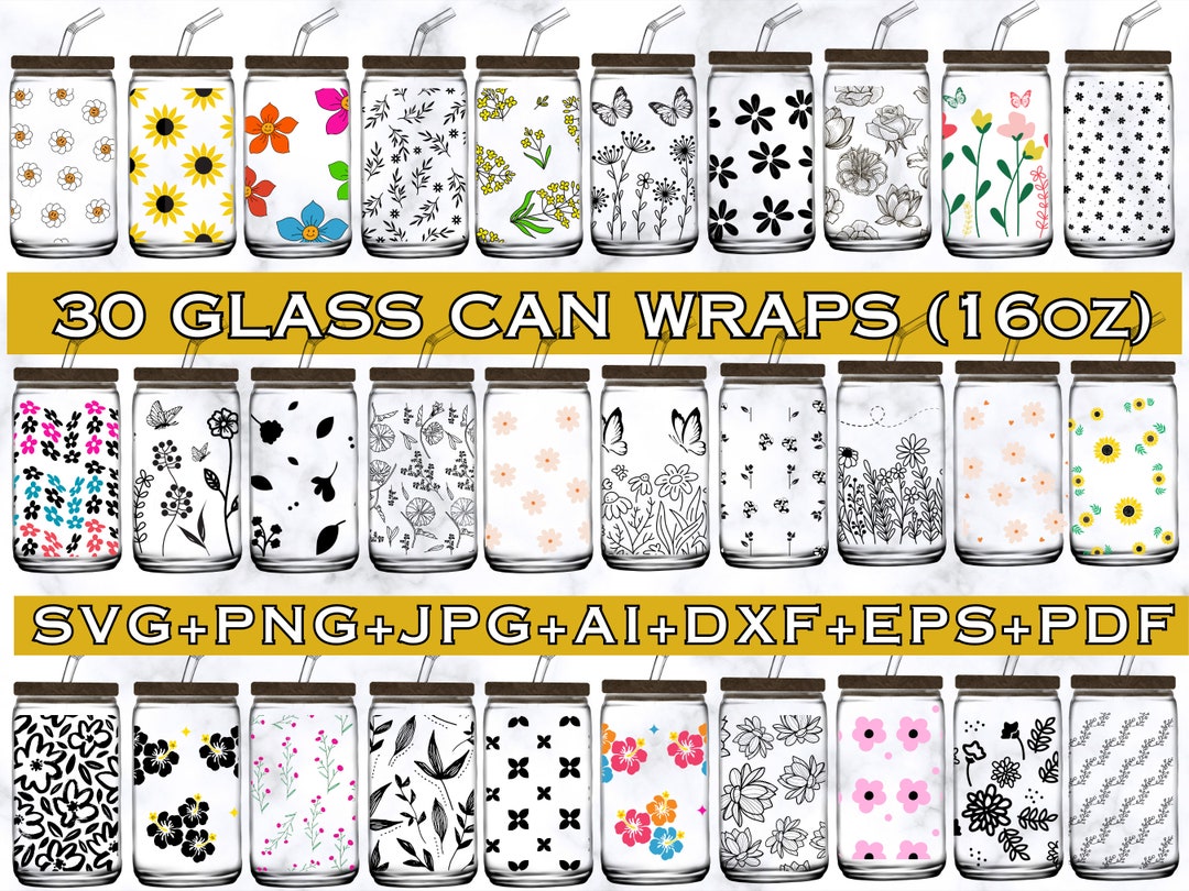 Glass Can Svg Bundle, Glass Can Svg, Coffee Glass Wrap Svg, Floral Wrap ...