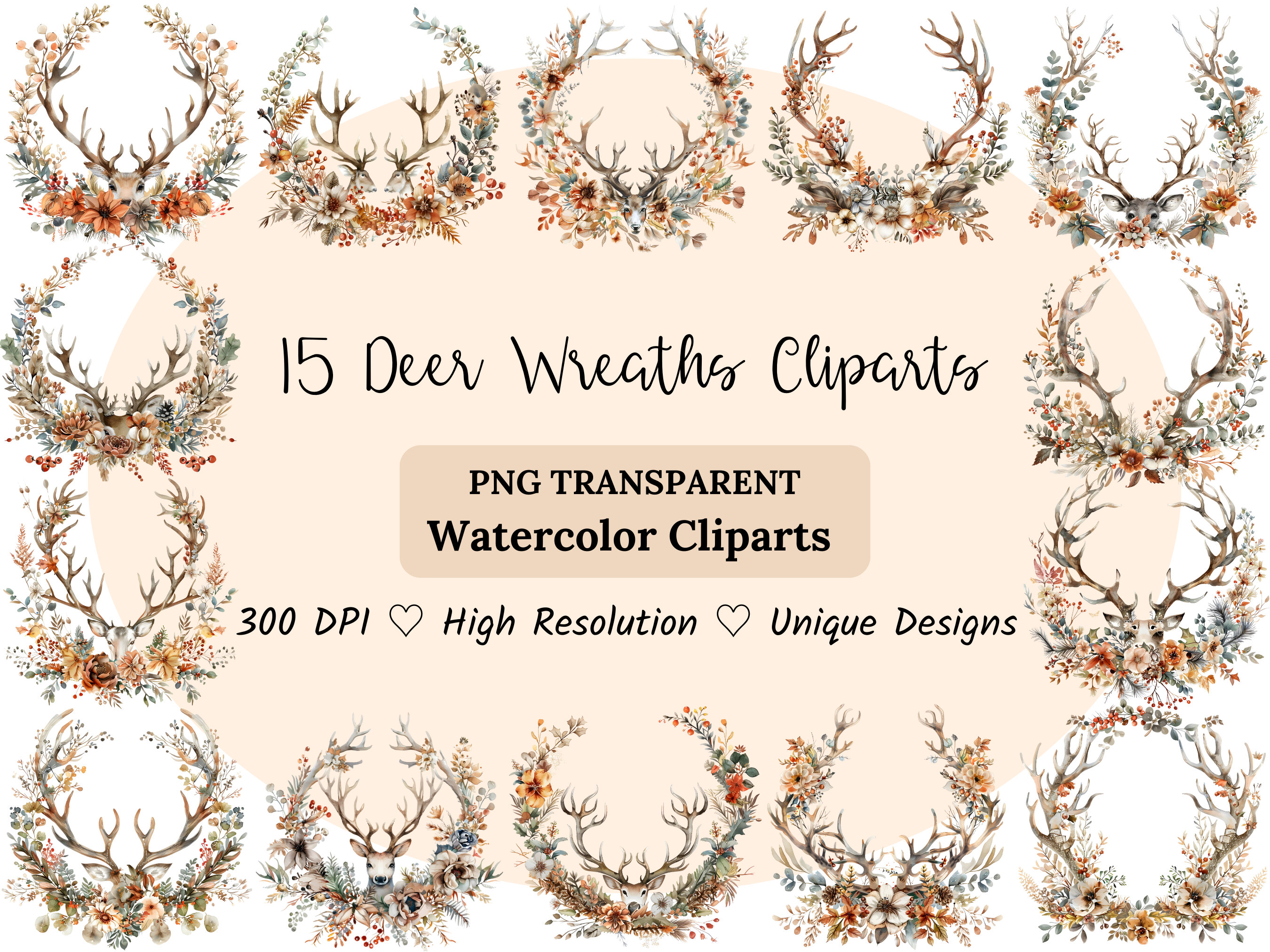 Watercolour Deer Wreath Clipart, Floral Deer Wreath Clipart, Floral ...