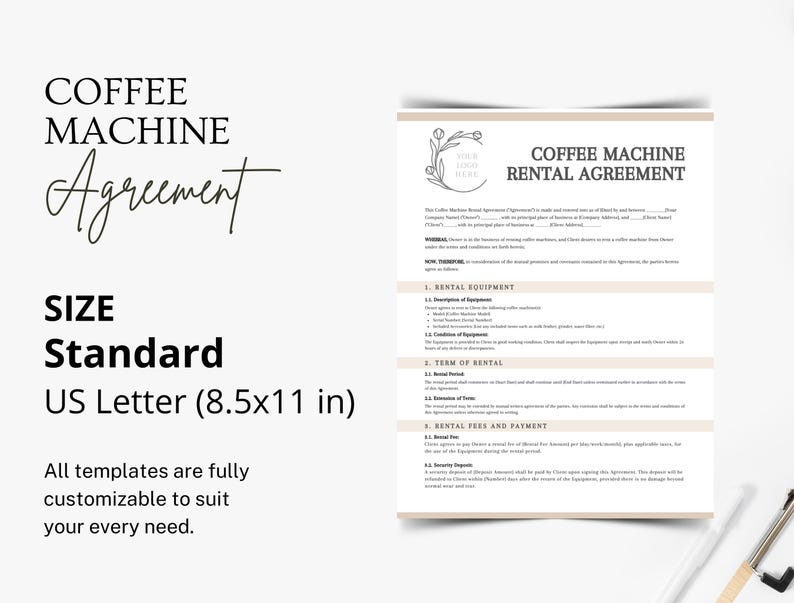 Coffee Machine Rental Agreement Template, Editable Equipment Lease ...