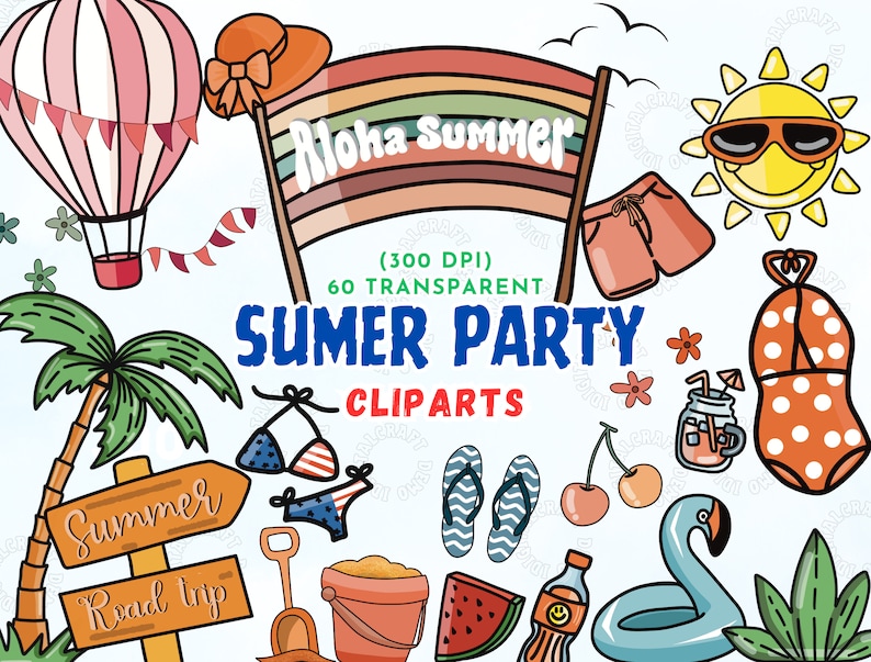 Watercolor Summer Clipart, Sun Beach Ball Flamingo PNG, Seasonal Party ...