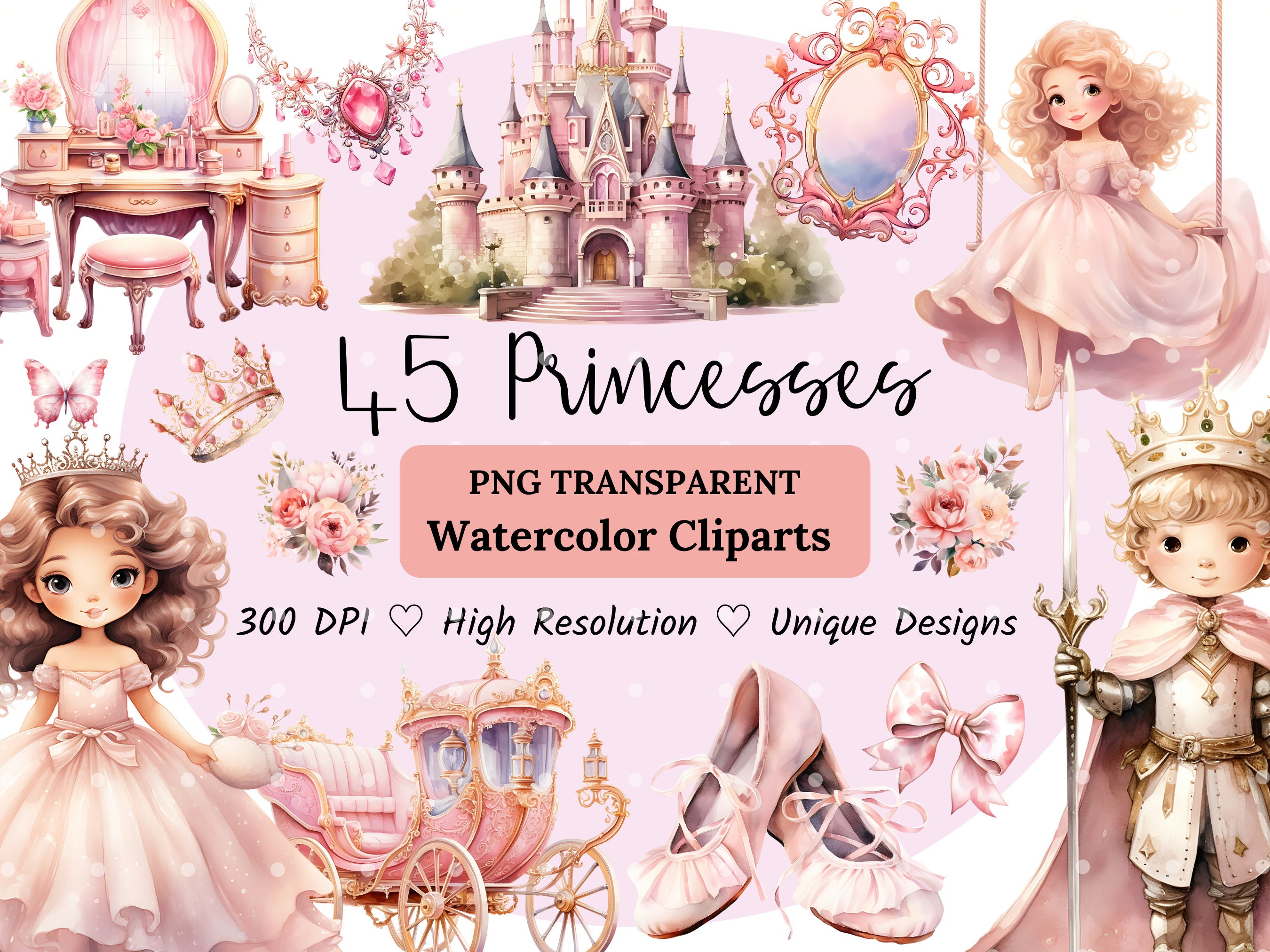 Watercolor Pink Princess Clipart, Little Princess Clipart, Fairytale ...