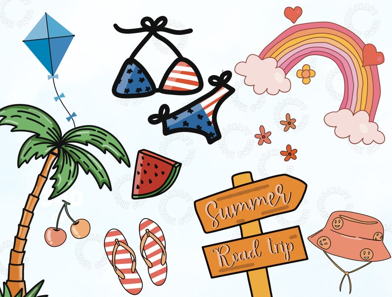 Watercolor Summer Clipart, Sun Beach Ball Flamingo PNG, Seasonal Party ...
